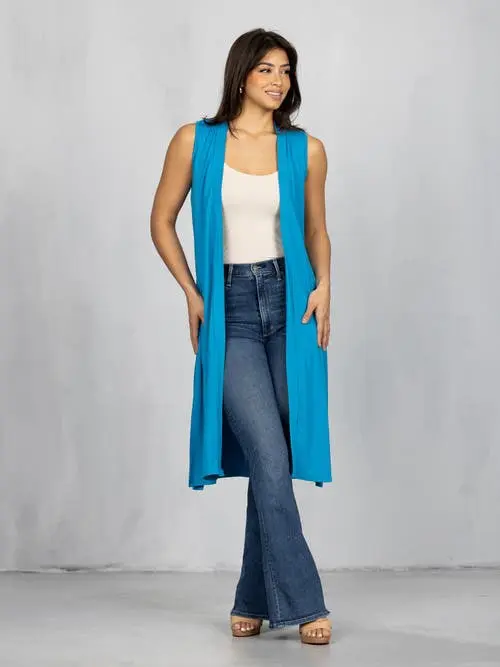 24SEVEN COMFORT APPAREL Sleeveless Long Cardigan Vest With Slit - Navy