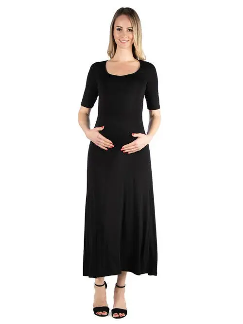 24SEVEN COMFORT APPAREL Maternity Maxi Dress With Sleeves - Black