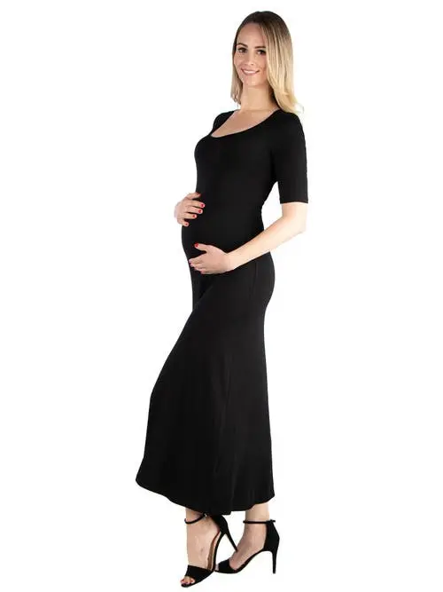 24SEVEN COMFORT APPAREL Maternity Maxi Dress With Sleeves - Black