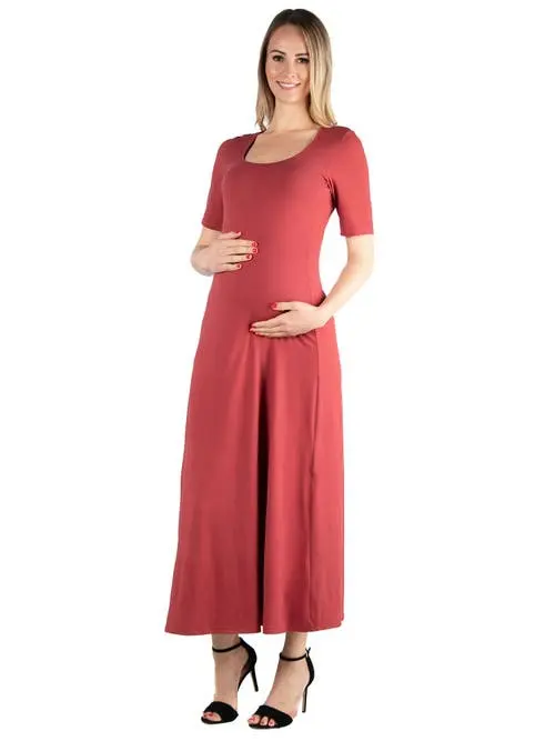 24SEVEN COMFORT APPAREL Maternity Maxi Dress With Sleeves - Brick