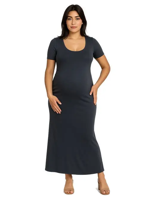 24SEVEN COMFORT APPAREL Maternity Maxi Dress With Sleeves - Charcoal