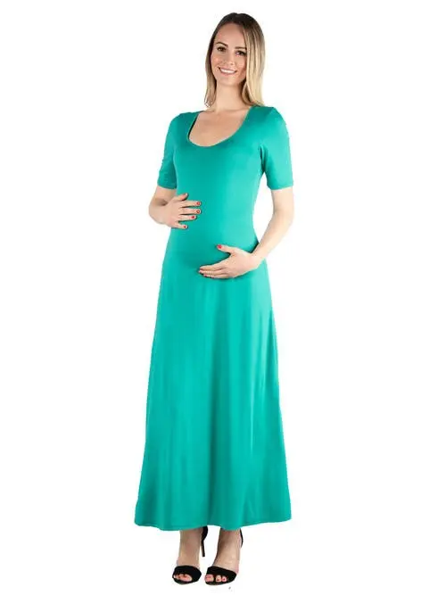 24SEVEN COMFORT APPAREL Maternity Maxi Dress With Sleeves - Jade