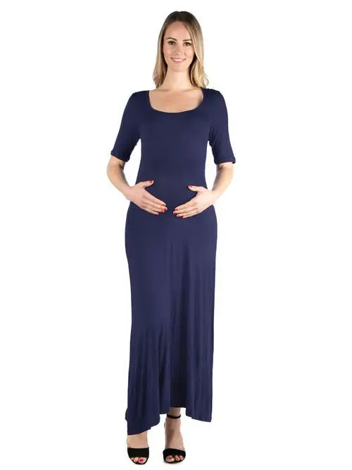 24SEVEN COMFORT APPAREL Maternity Maxi Dress With Sleeves - Navy