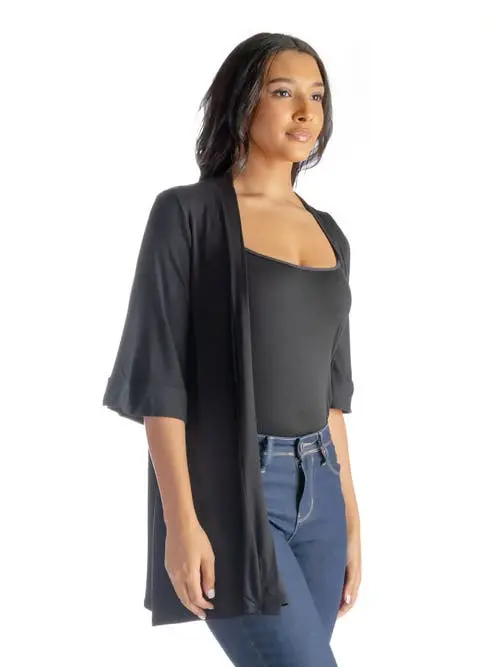 24SEVEN COMFORT APPAREL Open Front Elbow Length Sleeve Cardigan - Black