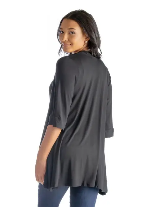 24SEVEN COMFORT APPAREL Open Front Elbow Length Sleeve Cardigan - Black
