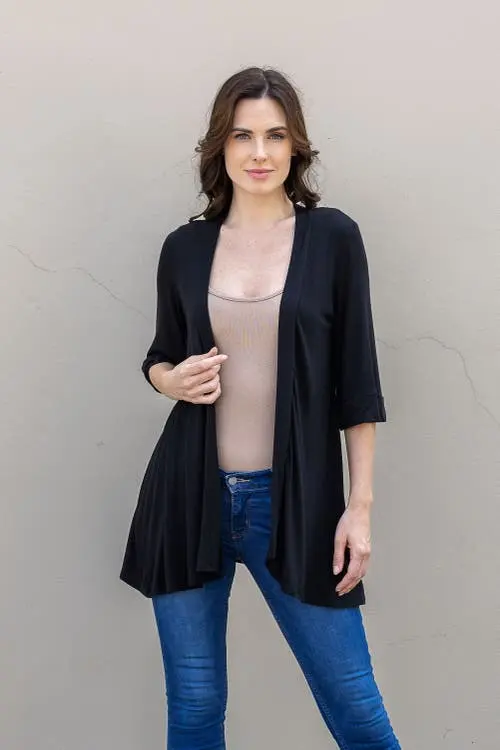 24SEVEN COMFORT APPAREL Open Front Elbow Length Sleeve Cardigan - Black
