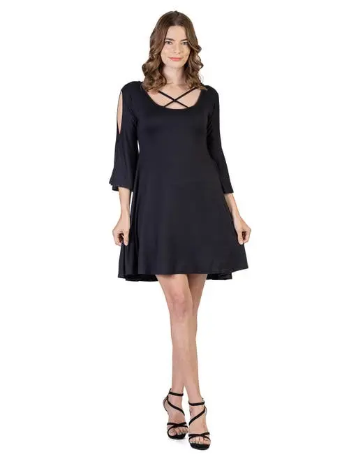 24SEVEN COMFORT APPAREL Knee Length Cold Shoulder Dress - Black