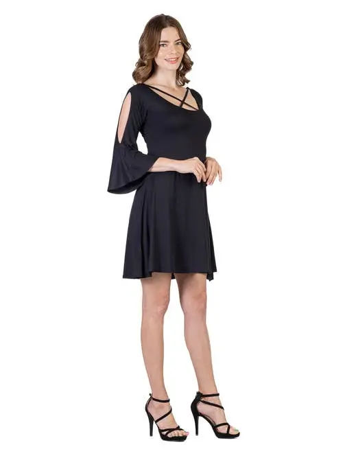 24SEVEN COMFORT APPAREL Knee Length Cold Shoulder Dress - Black