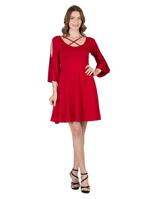 24SEVEN COMFORT APPAREL Knee Length Cold Shoulder Dress - Red