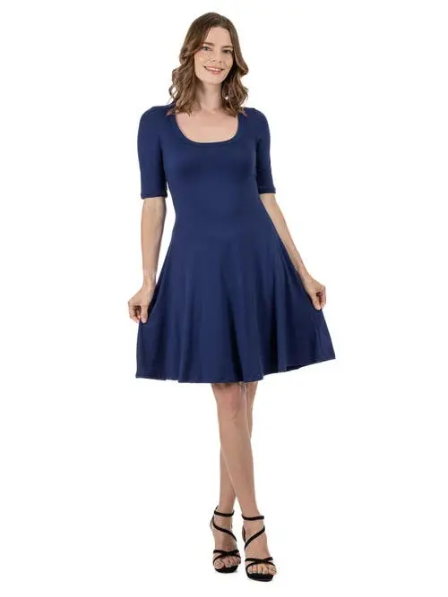 24SEVEN COMFORT APPAREL A-line Knee Length Dress With Elbow Length Sleeves - Navy
