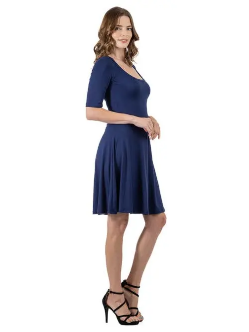 24SEVEN COMFORT APPAREL A-line Knee Length Dress With Elbow Length Sleeves - Navy