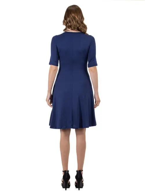 24SEVEN COMFORT APPAREL A-line Knee Length Dress With Elbow Length Sleeves - Navy