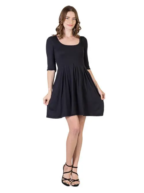 24SEVEN COMFORT APPAREL Fit And Flare Mini Dress With Three Quarter Sleeves - Black