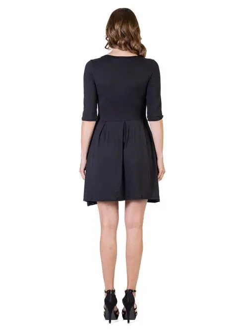 24SEVEN COMFORT APPAREL Fit And Flare Mini Dress With Three Quarter Sleeves - Black