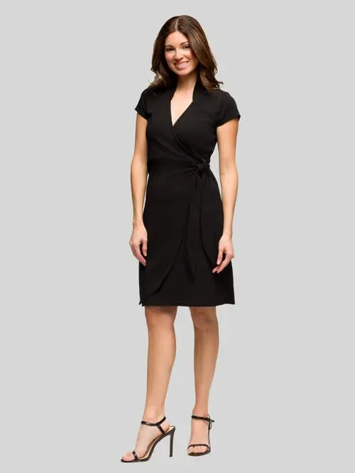 24SEVEN COMFORT APPAREL Mandarin Collar Knee Length Wrap Dress - Black