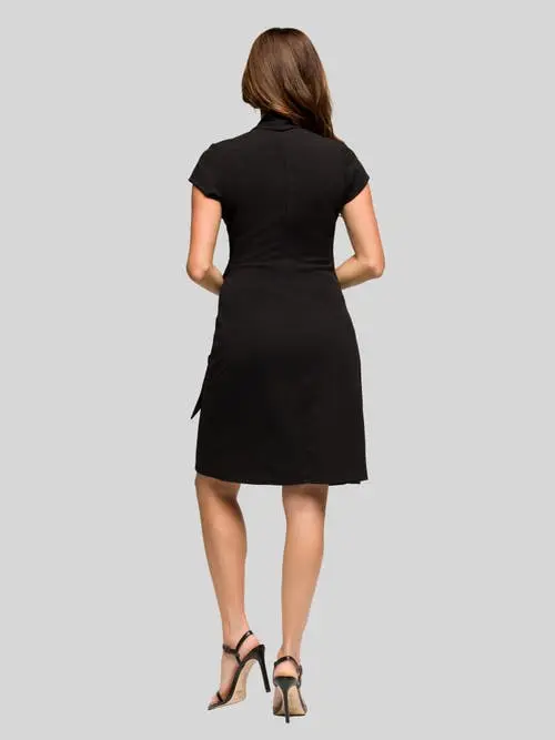 24SEVEN COMFORT APPAREL Mandarin Collar Knee Length Wrap Dress - Black