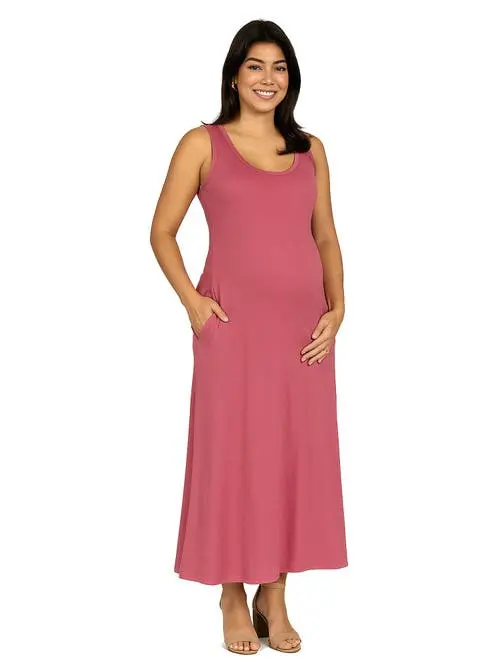 24SEVEN COMFORT APPAREL Maternity Scoop Neck Sleeveless Maxi Dress With Pockets - Rose