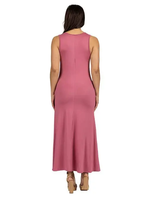 24SEVEN COMFORT APPAREL Maternity Scoop Neck Sleeveless Maxi Dress With Pockets - Rose