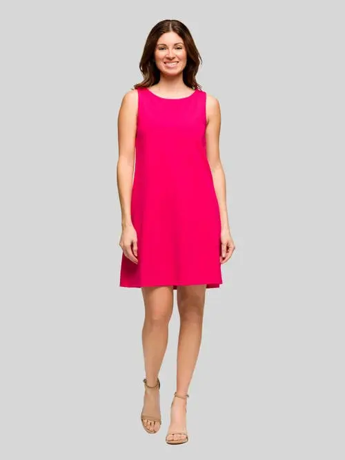 24SEVEN COMFORT APPAREL Round Neck A-line Mini Shift Dress - Pink
