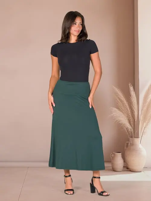 24SEVEN COMFORT APPAREL Elastic Waist A-line Maxi Skirt - Hunter