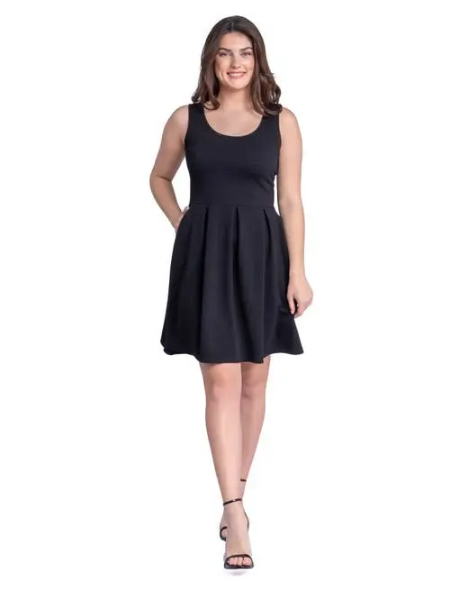 24SEVEN COMFORT APPAREL Sleeveless Pleated Skater Dress With Pockets - Black