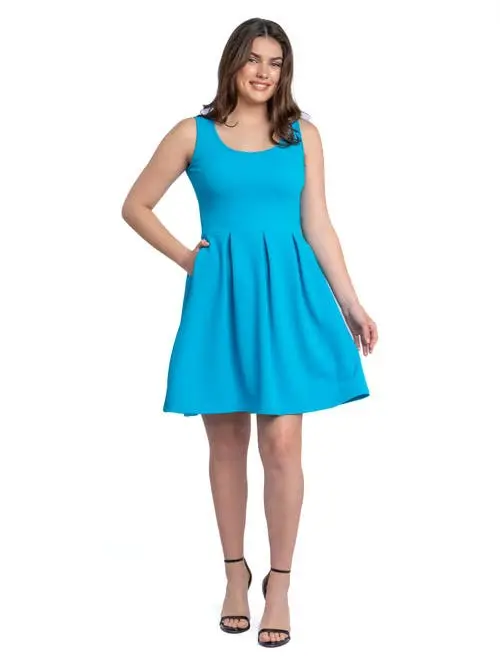 24SEVEN COMFORT APPAREL Sleeveless Pleated Skater Dress With Pockets - Turquoise
