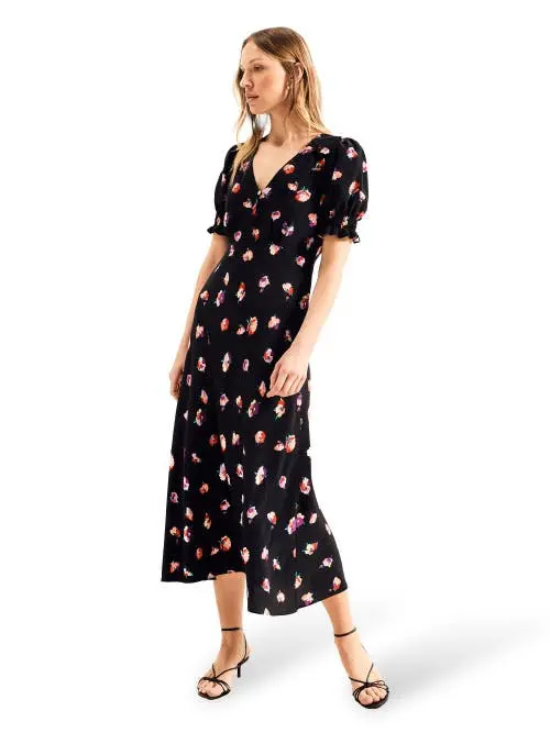RO&ZO Pansy Print Shirred Cuff Midi Dress - Multi