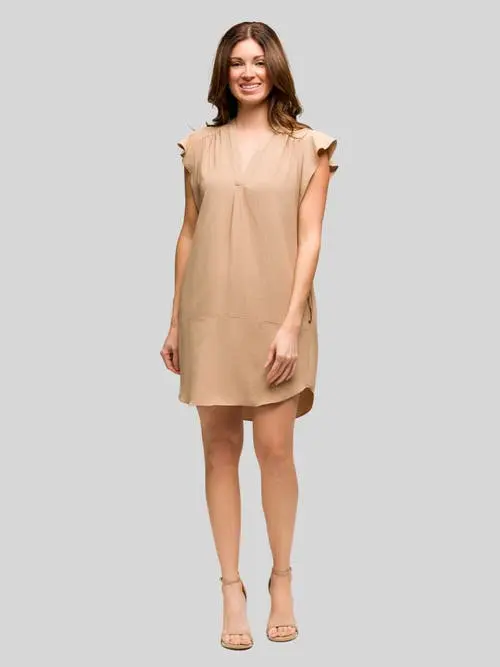 24SEVEN COMFORT APPAREL V-neck Sleeveless Knee Length Dress With Belt - Nude