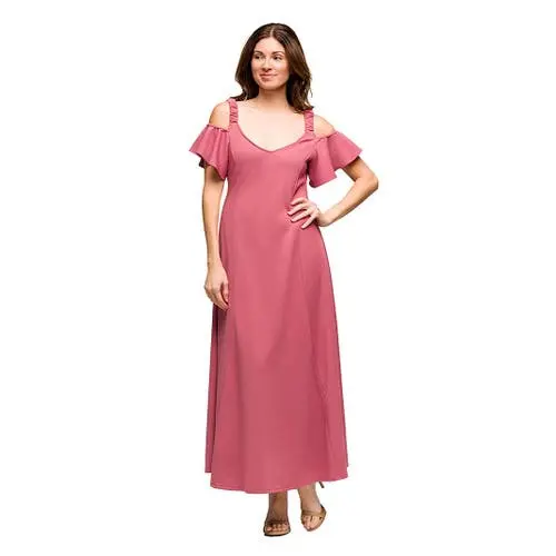 24SEVEN COMFORT APPAREL Maternity Cold Shoulder Ruffle Sleeve A-line Maxi Dress - Rose