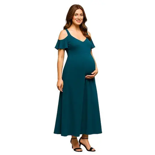 24SEVEN COMFORT APPAREL Maternity Cold Shoulder Ruffle Sleeve A-line Maxi Dress - Teal