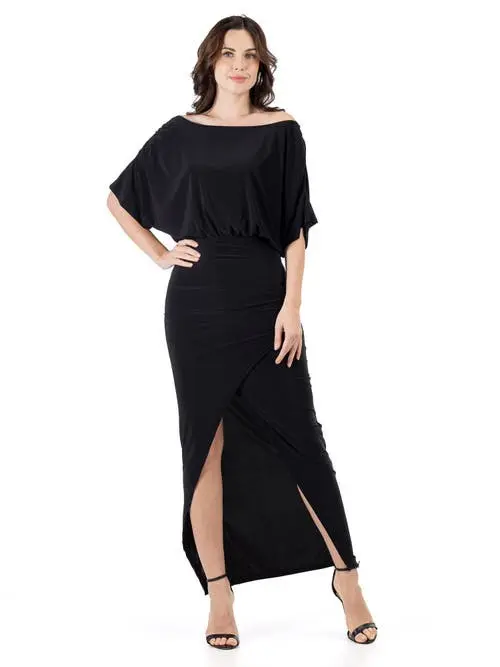 24seven Comfort Apparel Boat Neck Batwing Sleeve Slit Maxi Dress - Black -  40% Off | Editorialist