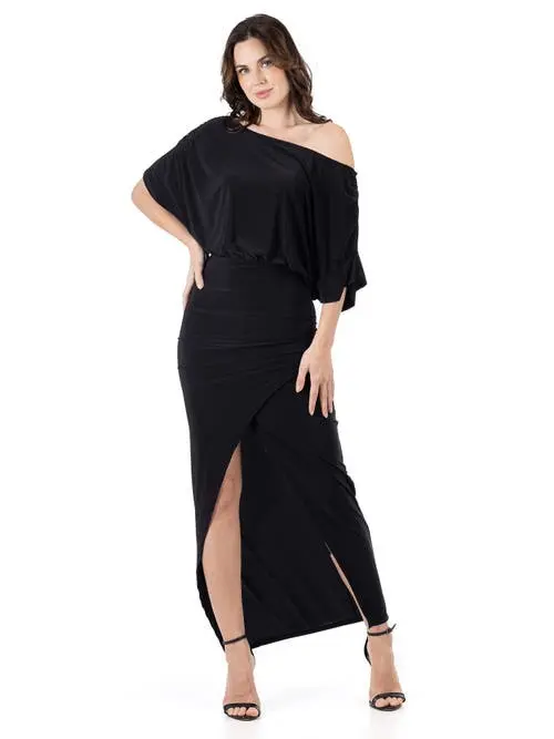 chinese dress ladies Eterne Long Sleeve Boatneck Maxi Dress in BLACK. Size XL main image 0