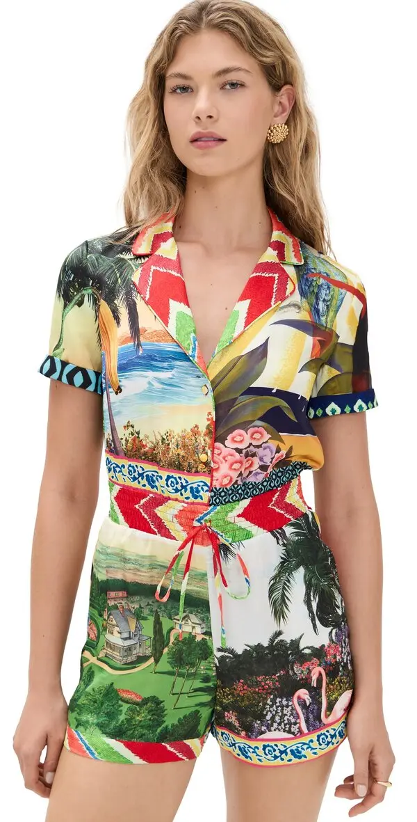 Alice + Olivia Leighton Pajama Romper - Island Dreams Multi