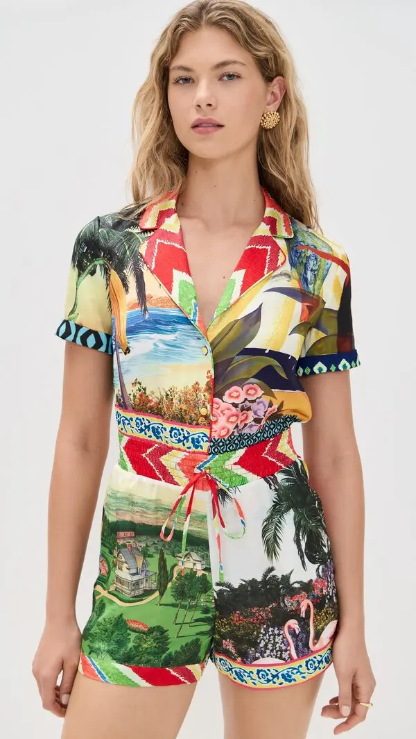 Alice + Olivia Leighton Pajama Romper - Island Dreams Multi