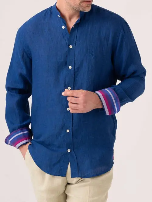 KOY CLOTHING Linen Band Collar Shirt - Royal Blue