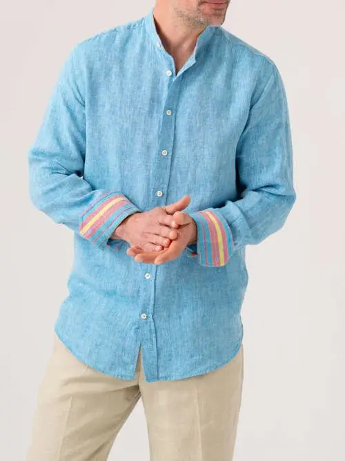 KOY CLOTHING Linen Band Collar Shirt - Turquoise