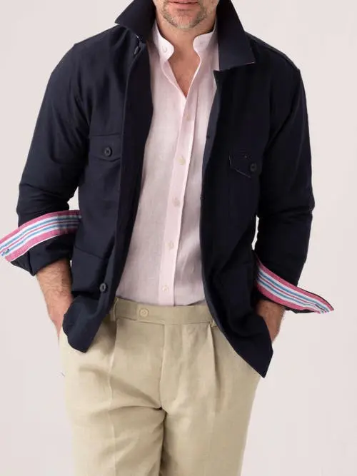 KOY CLOTHING Brushed Cotton Shirt Jacket With Kikoy Detailing - Navy