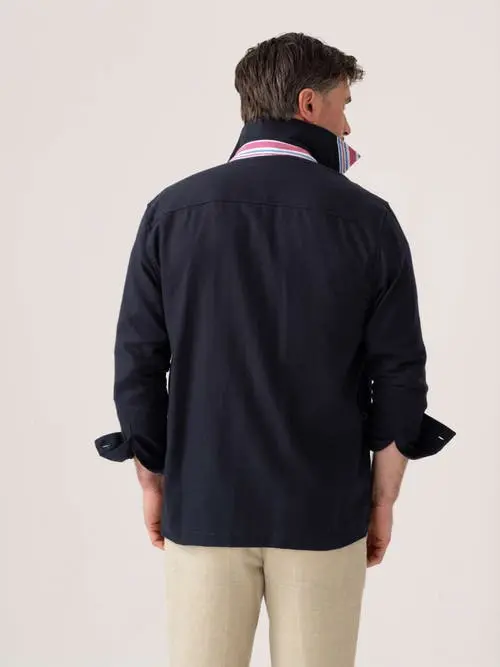 KOY CLOTHING Brushed Cotton Shirt Jacket With Kikoy Detailing - Navy