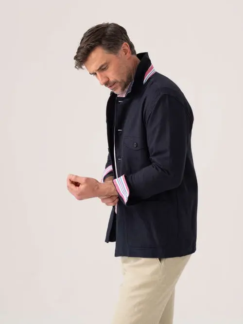 KOY CLOTHING Brushed Cotton Shirt Jacket With Kikoy Detailing - Navy