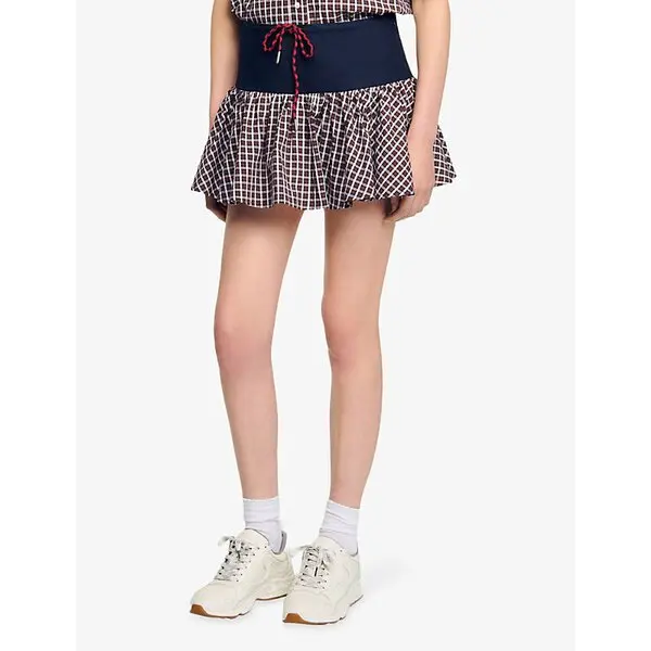 Sandro Checked Drawstring-waist Stretch-cotton Skort