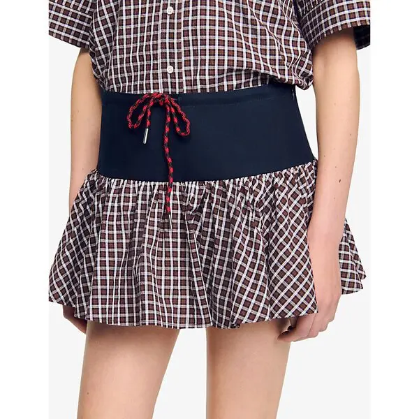 Sandro Checked Drawstring-waist Stretch-cotton Skort