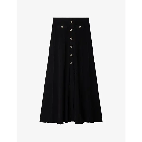 Sandro High-rise Pointelle Texture Knitted Maxi Skirt - Black