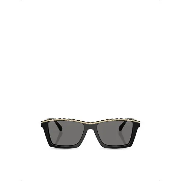 Chanel Acetate And Leather Rectangle Sunglasses - Black