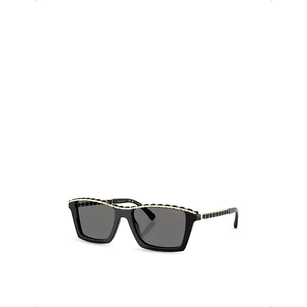 Chanel Acetate And Leather Rectangle Sunglasses - Black