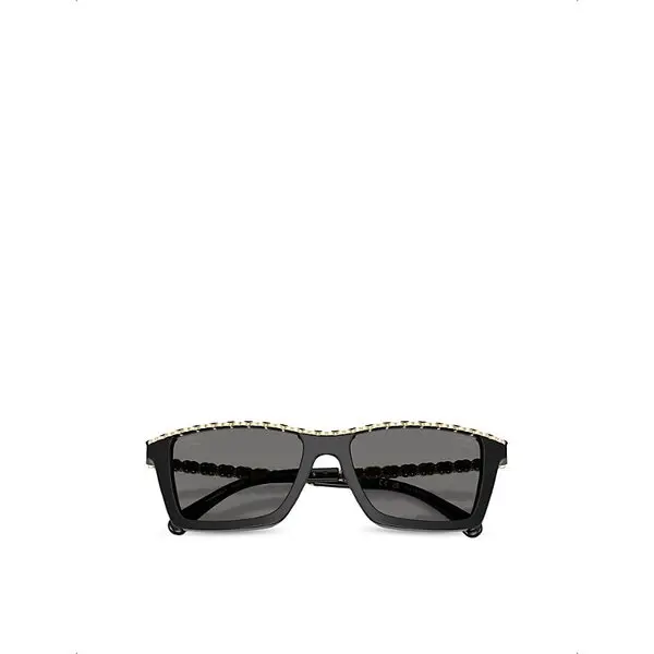Chanel Acetate And Leather Rectangle Sunglasses - Black