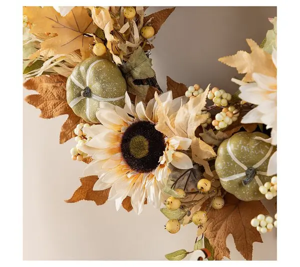 GLITZHOME 24'd Fall Harvest Sunflower, Pumpkin & Leaf Wreath