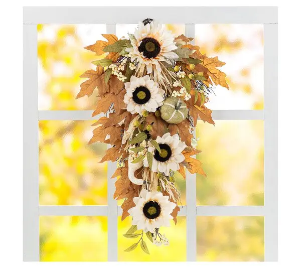 GLITZHOME 28'h Fall Harvest Sunflower, Pumpkin Nd Leaf Swag - One-color