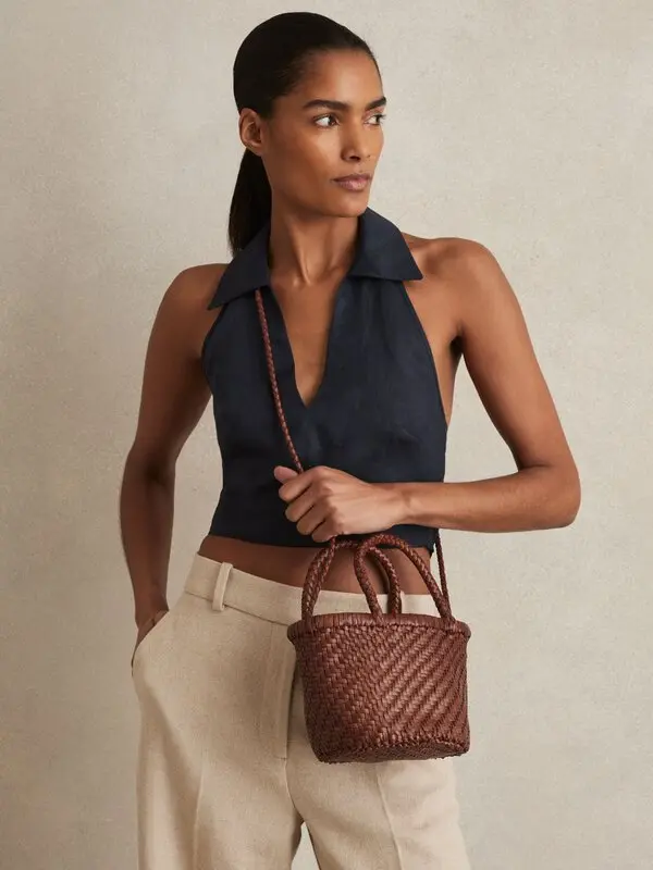 REISS Nia Leather Woven Mini Tote Bag