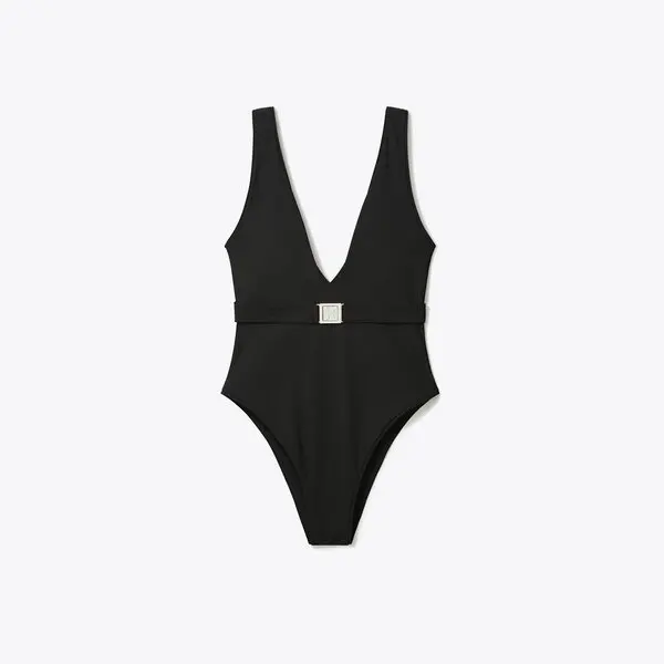 Tory Burch Belted Logo One-piece Swimsuit - Black