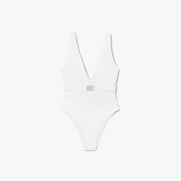 Tory Burch Belted Logo One-piece Swimsuit - White